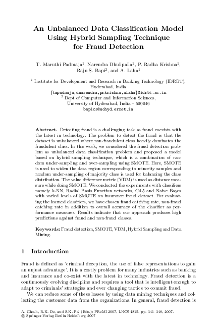 Pdf An Unbalanced Data Classification Model Using Hybrid Sampling Technique For Fraud 