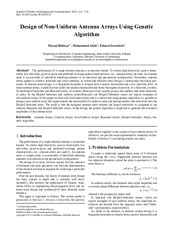 Pdf Design Of Non Uniform Antenna Arrays Using Genetic Algorithm Mohammed Abdo