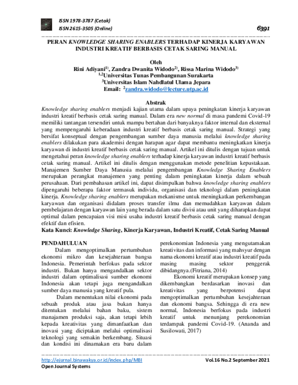 (PDF) Peran Knowledge Sharing Enablers Terhadap Kinerja Karyawan Industri Kreatif Berbasis Cetak ...
