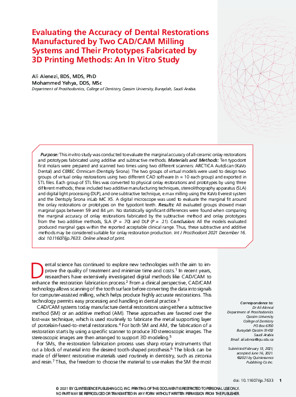 Pdf Evaluating The Accuracy Of Dental Restorations Manufactured By Two Cad Cam Milling Systems