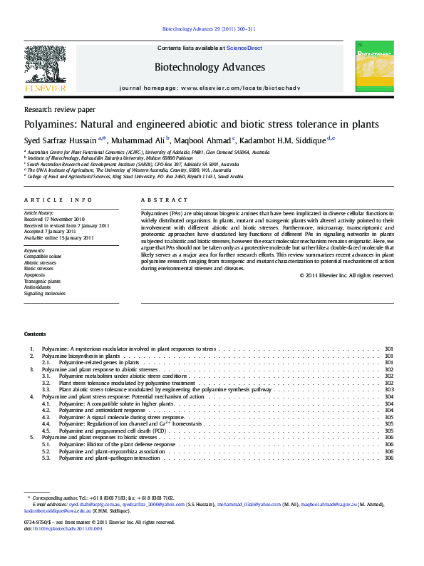 (PDF) Polyamines: Natural and engineered abiotic and biotic stress tolerance in plants | Syed ...