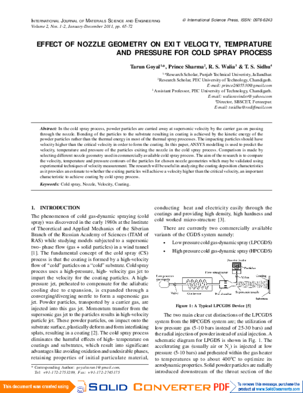 (PDF) Effect of Nozzle Geometry on Exit Velocity, Temprature and Pressure for Cold Spray Process