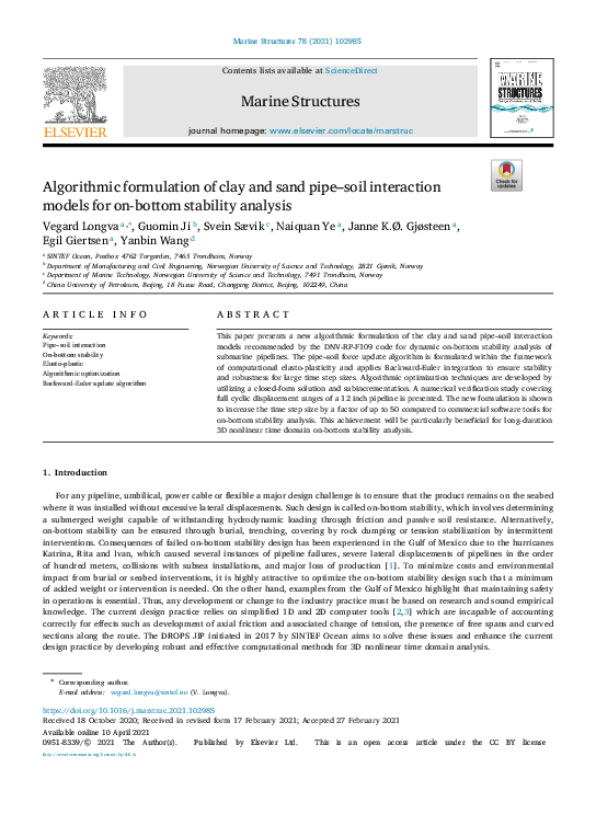 (PDF) Algorithmic formulation of clay and sand pipe–soil interaction models for on-bottom ...