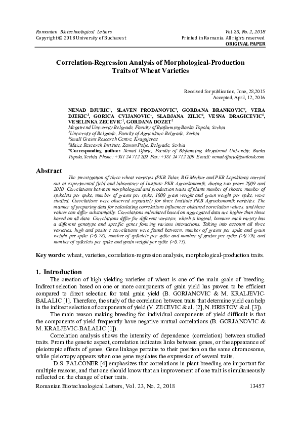 Correlation-Regression Analysis of Morphological-Production Traits of Wheat Varieties
