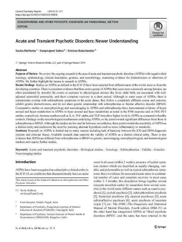 (PDF) Acute and Transient Psychotic Disorders: Newer Understanding
