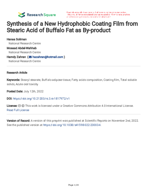 (PDF) Synthesis of a New Hydrophobic Coating Film from Stearic Acid of ...