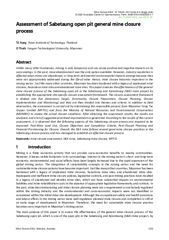 (PDF) Assessment of Sabetaung open pit general mine closure process