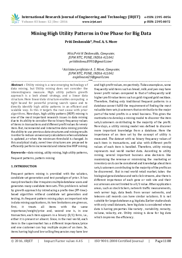 Pdf Mining High Utility Patterns In One Phase For Big Data Priti Deshmukh