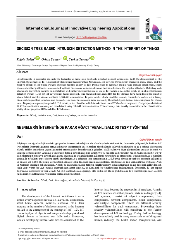 Pdf Decision Tree Based Intrusion Detection Method In The Internet Of Things