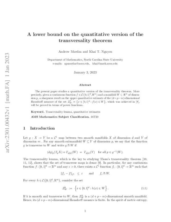 (PDF) A lower bound on the quantitative version of the transversality ...