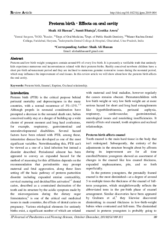 (PDF) Preterm birth - Effects on oral cavity