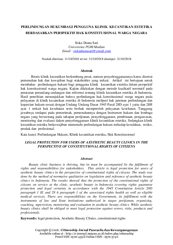 (PDF) Perlindungan Hukum Pengguna Klinik Kecantikan Estetika Dalam Perspektif Hak Konstitusional ...