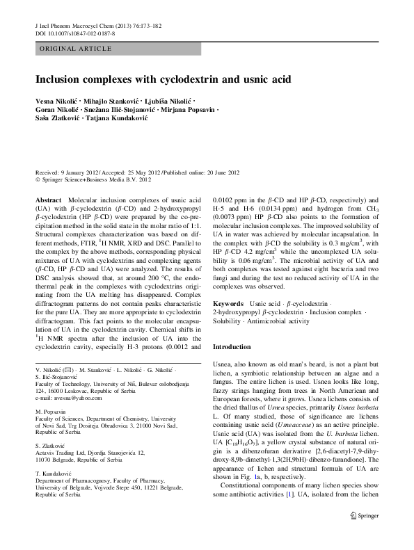 Inclusion complexes with cyclodextrin and usnic acid