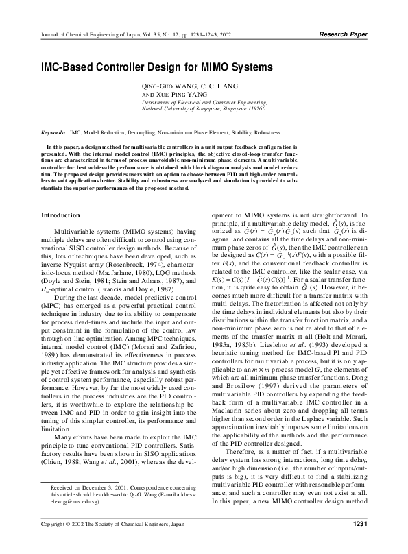 (PDF) IMC-Based Controller Design for MIMO Systems