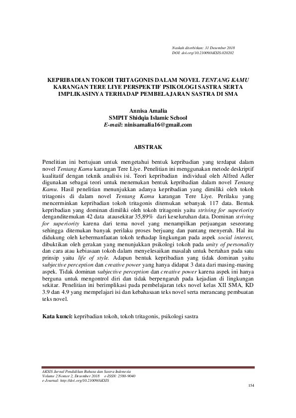 (PDF) Kepribadian Tokoh Tritagonis Dalam Novel Tentang Kamu Karangan ...