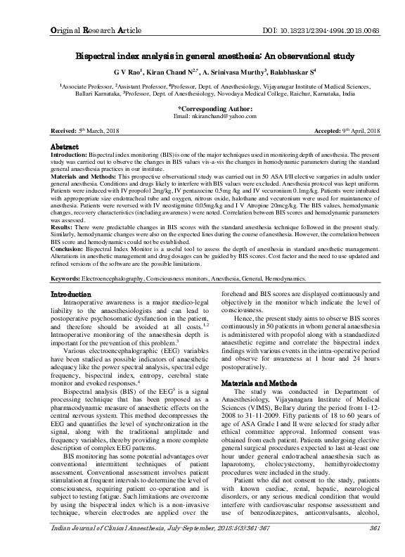 Pdf Bis Monitoring And Hemodynamics In Anesthesia