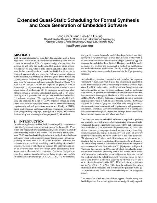 Pdf Extended Quasi Static Scheduling For Formal Synthesis And Code Generation Of Embedded Software