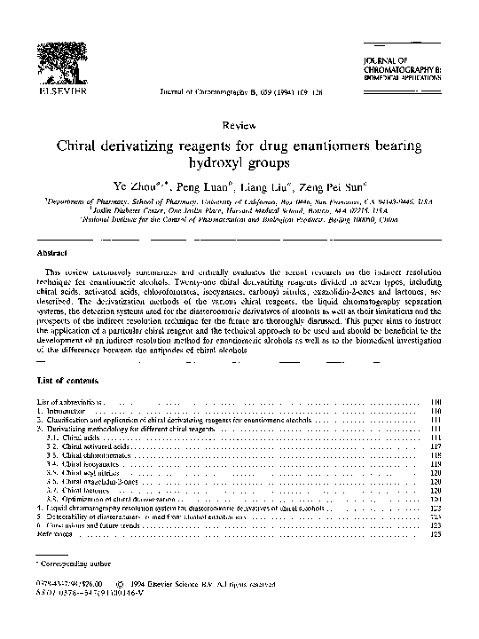 (PDF) Chiral derivatizing reagents for drug enantiomers bearing ...