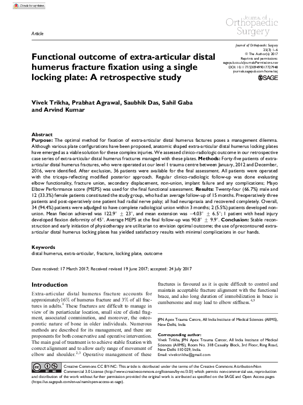 Pdf Functional Outcome Of Extra Articular Distal Humerus Fracture