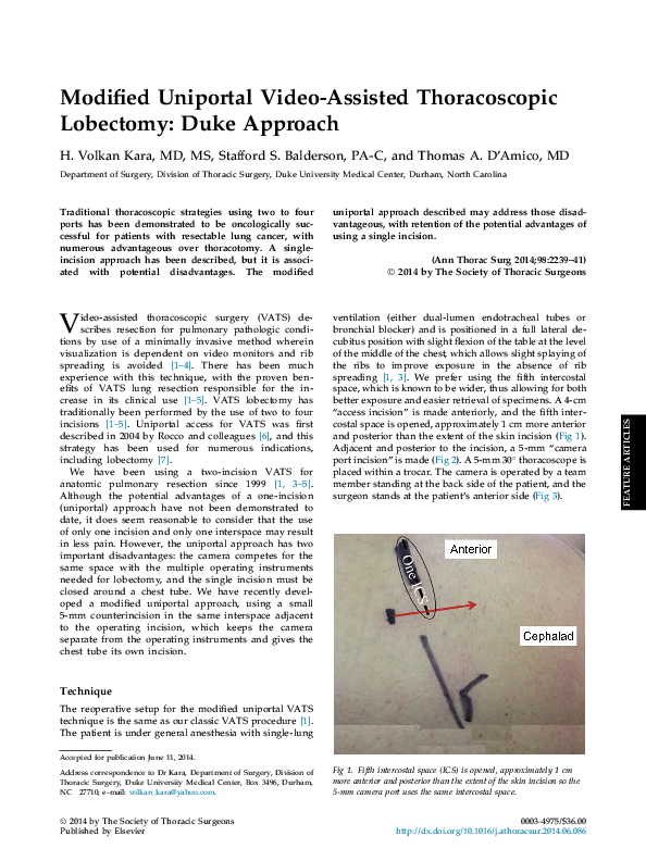 (PDF) Modified Uniportal Video-Assisted Thoracoscopic Lobectomy: Duke Approach
