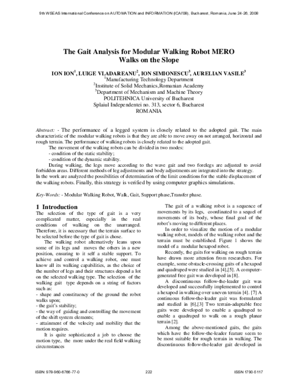 (PDF) The gait analysis for modular walking robot MERO walks on the slope