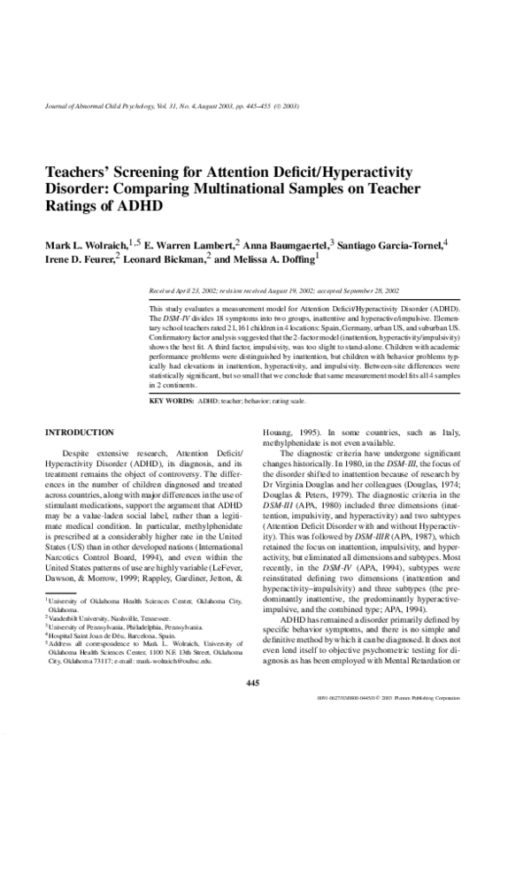 (PDF) Teachers' Screening for Attention Deficit/Hyperactivity Disorder ...
