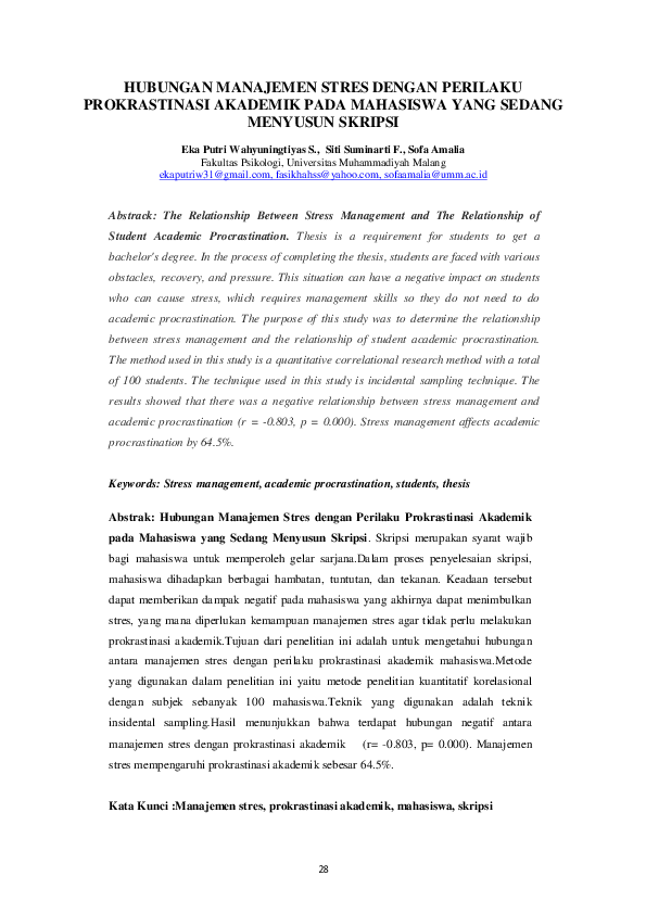 (PDF) Hubungan Manajemen Stres Dengan Perilaku Prokrastinasi Akademik Pada Mahasiswa Yang Sedang ...
