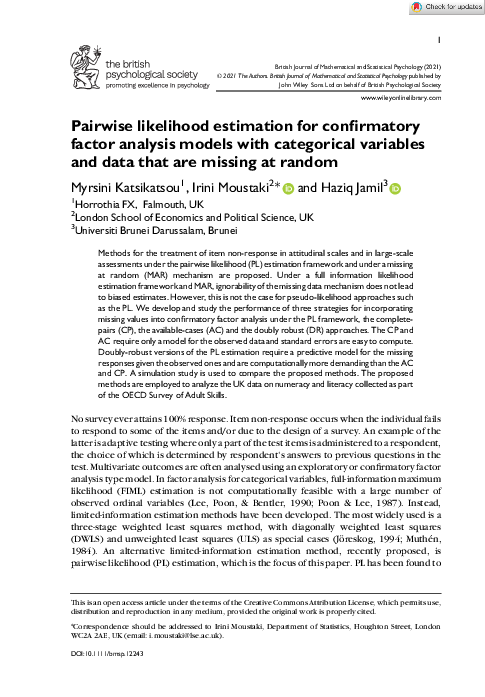 (PDF) Pairwise likelihood estimation for confirmatory factor analysis models with categorical ...