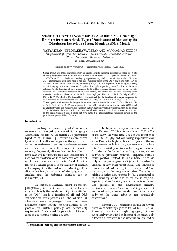 (PDF) Selection of Lixiviant System for the Alkaline in-Situ Leaching ...