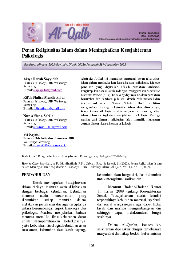 (PDF) Peran Religiusitas Islam dalam Meningkatkan Kesejahteraan Psikologis