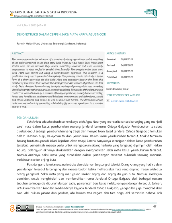 (PDF) Dekonstruksi Dalam Cerpen Saksi Mata Karya Agus Noor