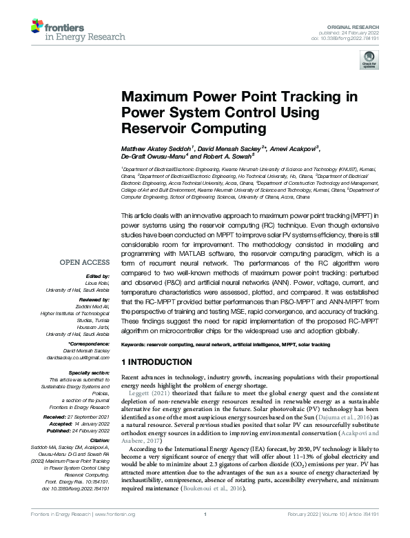 (PDF) Maximum Power Point Tracking in Power System Control Using Reservoir Computing