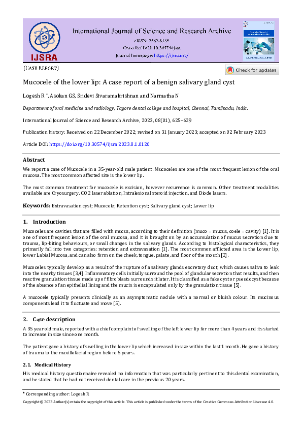 (PDF) Mucocele of the lower lip: A case report of a benign salivary ...