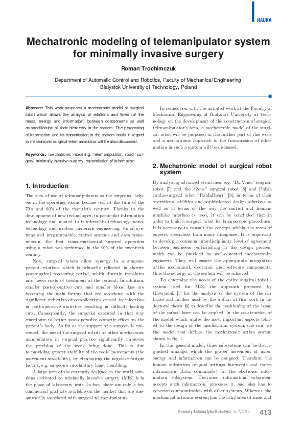 (PDF) Mechatronic modeling of telemanipulator system for minimally ...