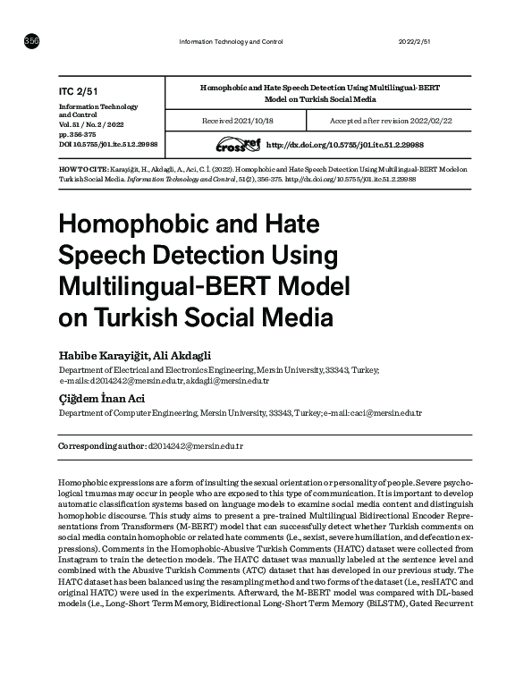 Pdf Homophobic And Hate Speech Detection Using Multilingual Bert