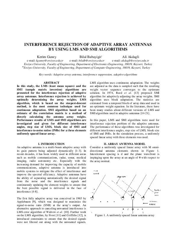Pdf Interference Rejection Of Adaptive Array Antennas By Using Lms And Smi Algorithms Ali