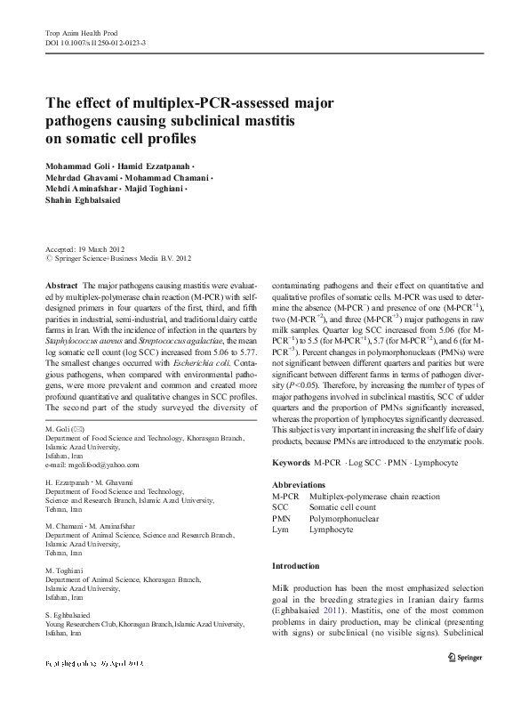 (PDF) The effect of multiplex-PCR-assessed major pathogens causing subclinical mastitis on ...