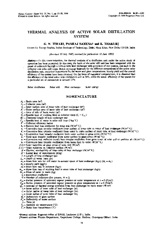 (PDF) Thermal analysis of active solar distillation system
