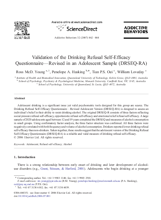 Pdf Validation Of The Drinking Refusal Self‐efficacy Questionnaire—revised In An Adolescent