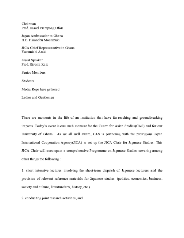 (PDF) Set-up of JICA Chair for Japanese Studies at CAS Speech